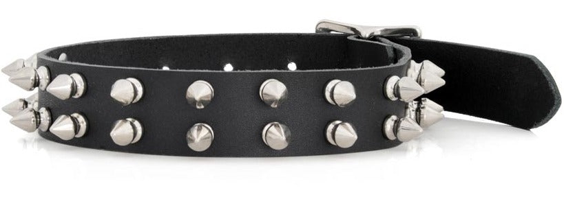 Black leather choker w/ 2 rows of silver spikes – Rock Town Hollywood