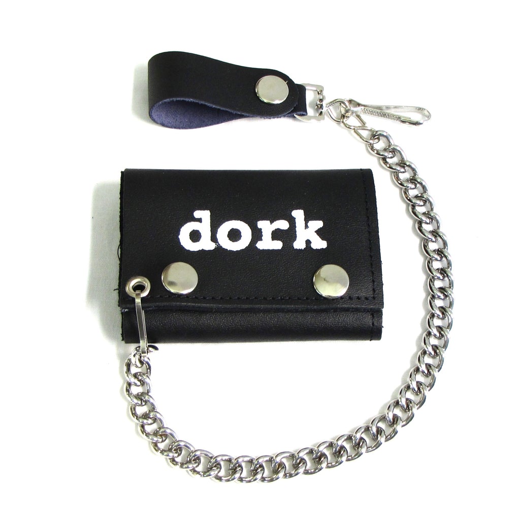 Black leather wallet w/ white "dork" text on front and detachable chai ...
